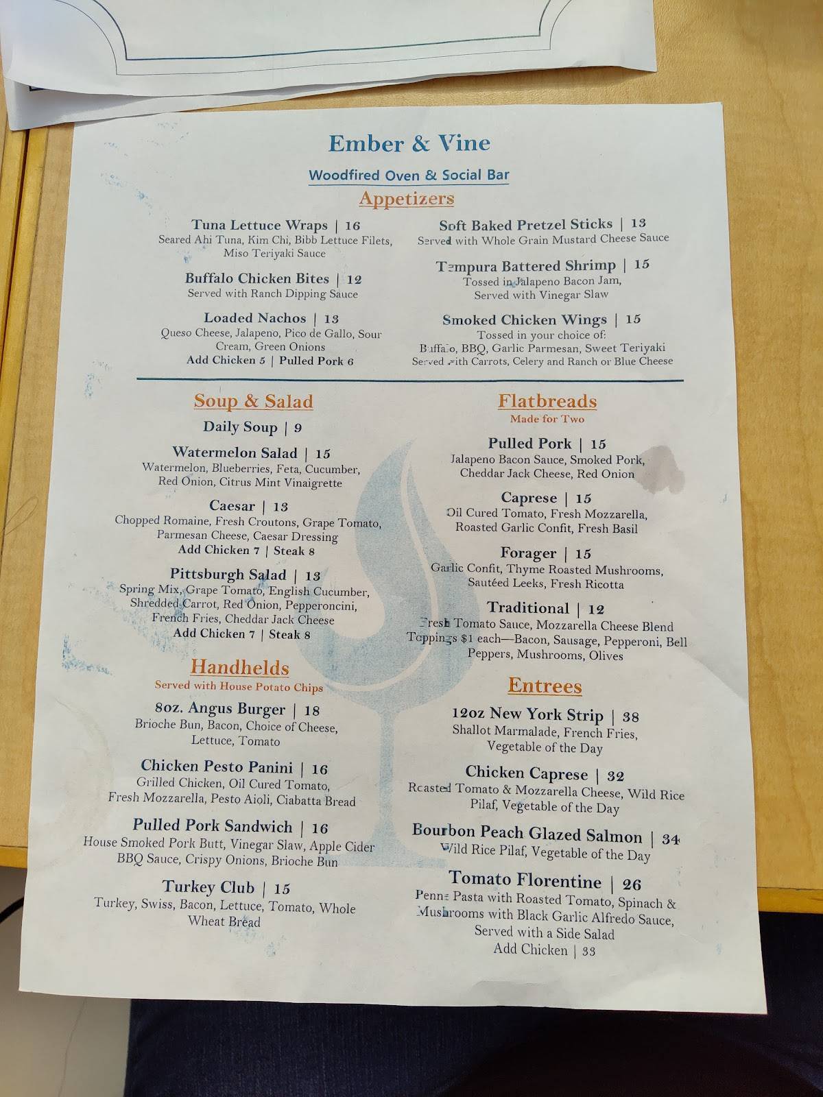 Menu at Ember & Vine pizzeria, Cranberry Township