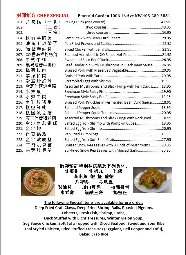 Menu at Emerald Garden restaurant, Calgary