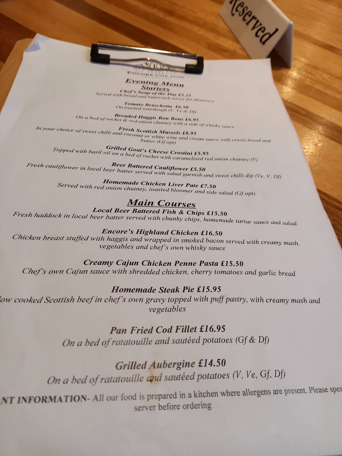 Menu at Encore pub & bar, Inverness