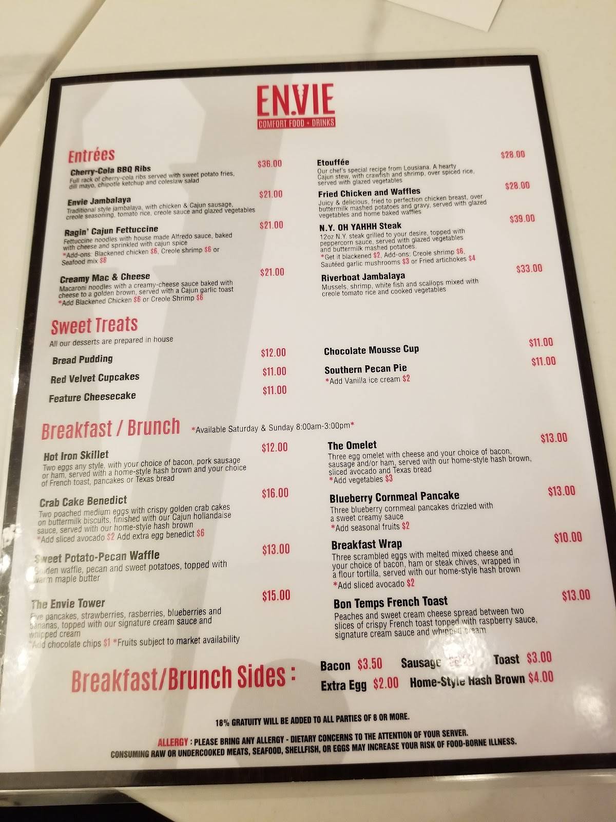 Menu at Envie Restaurant, Edmonton