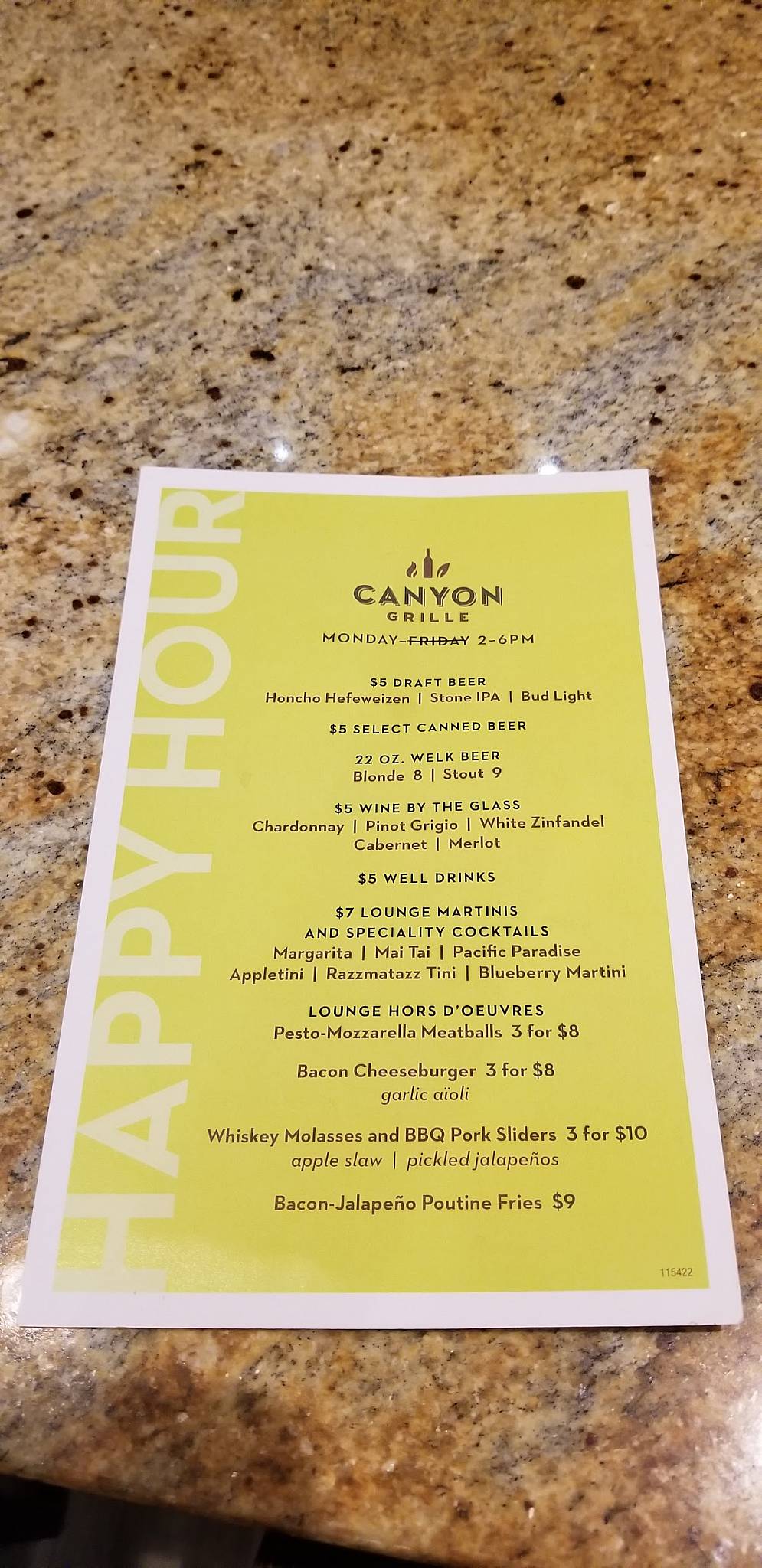 Menu at Canyon Grille restaurant, Escondido