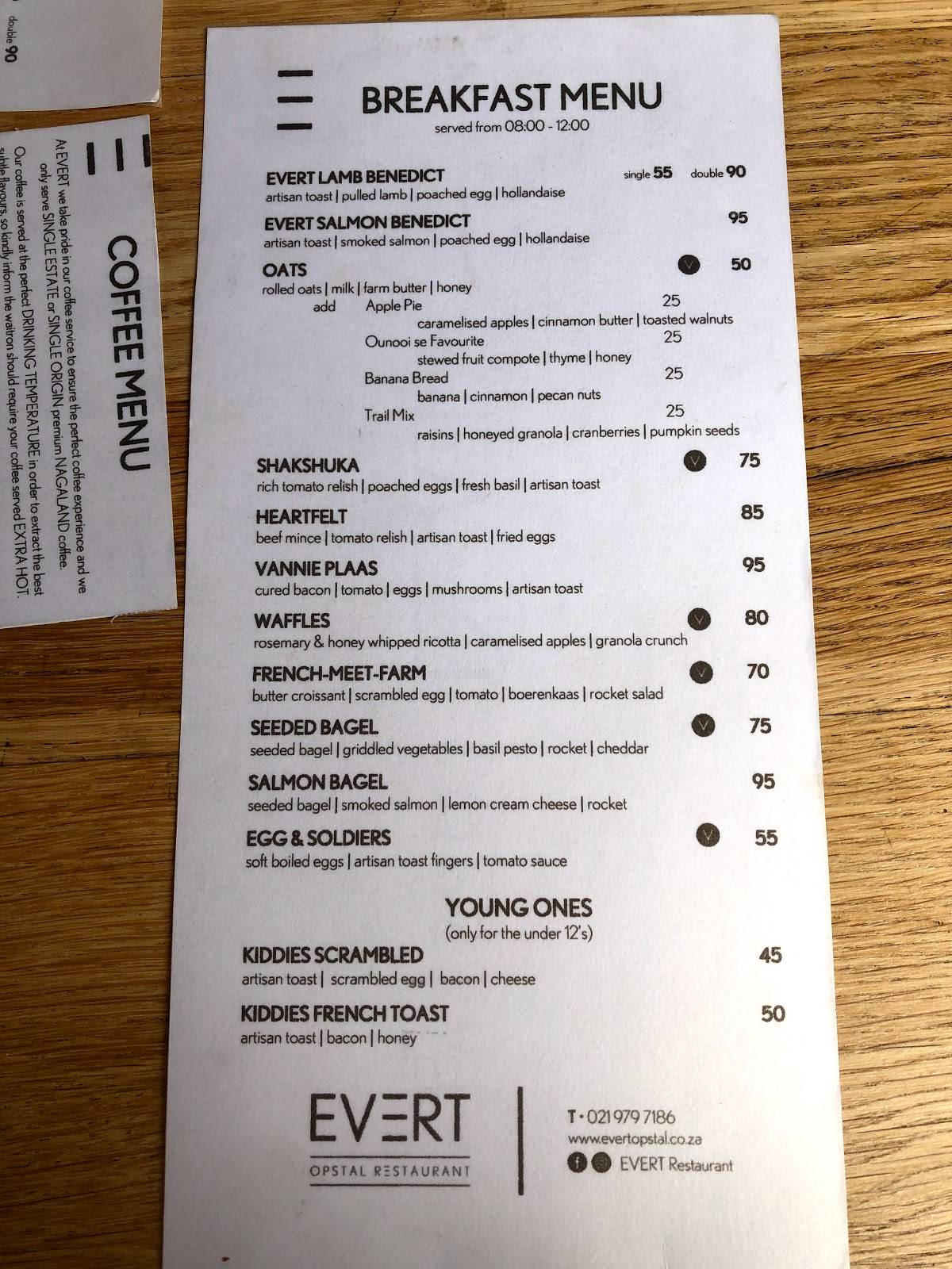 Menu at Evert Opstal Restaurant, Cape Town