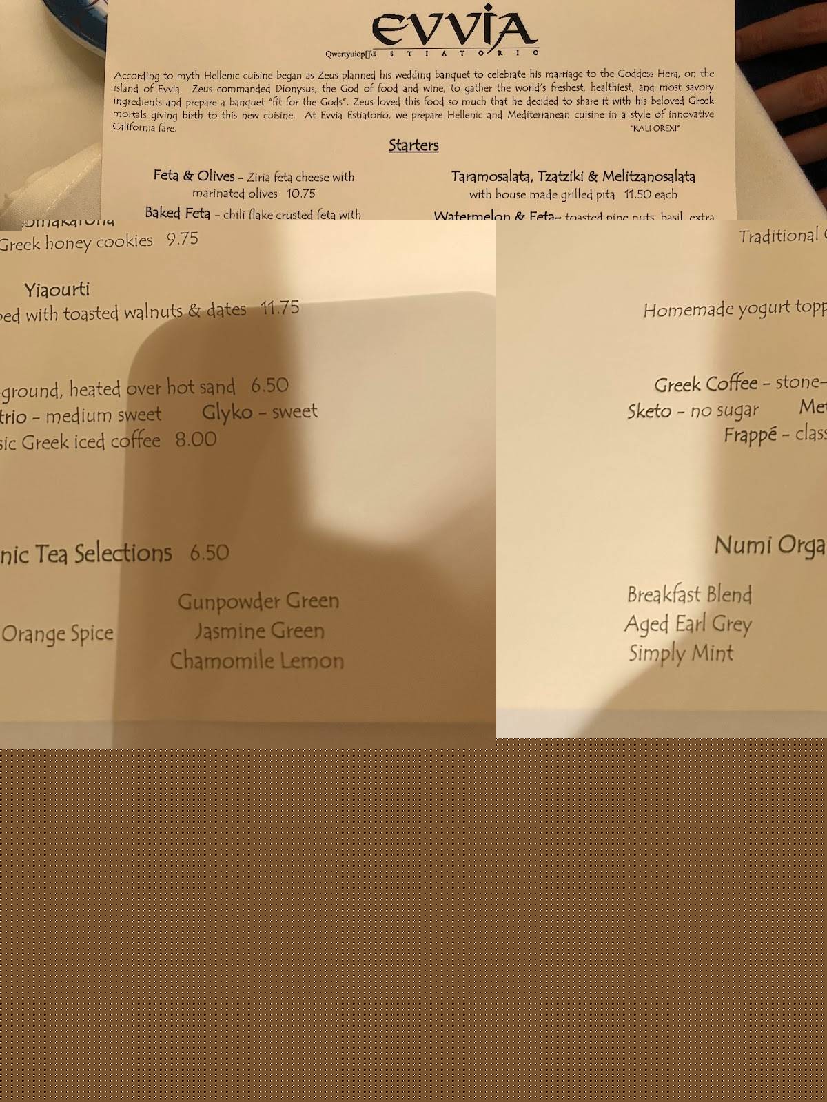 Menu at Evvia Estiatorio restaurant, Palo Alto, 420 Emerson St
