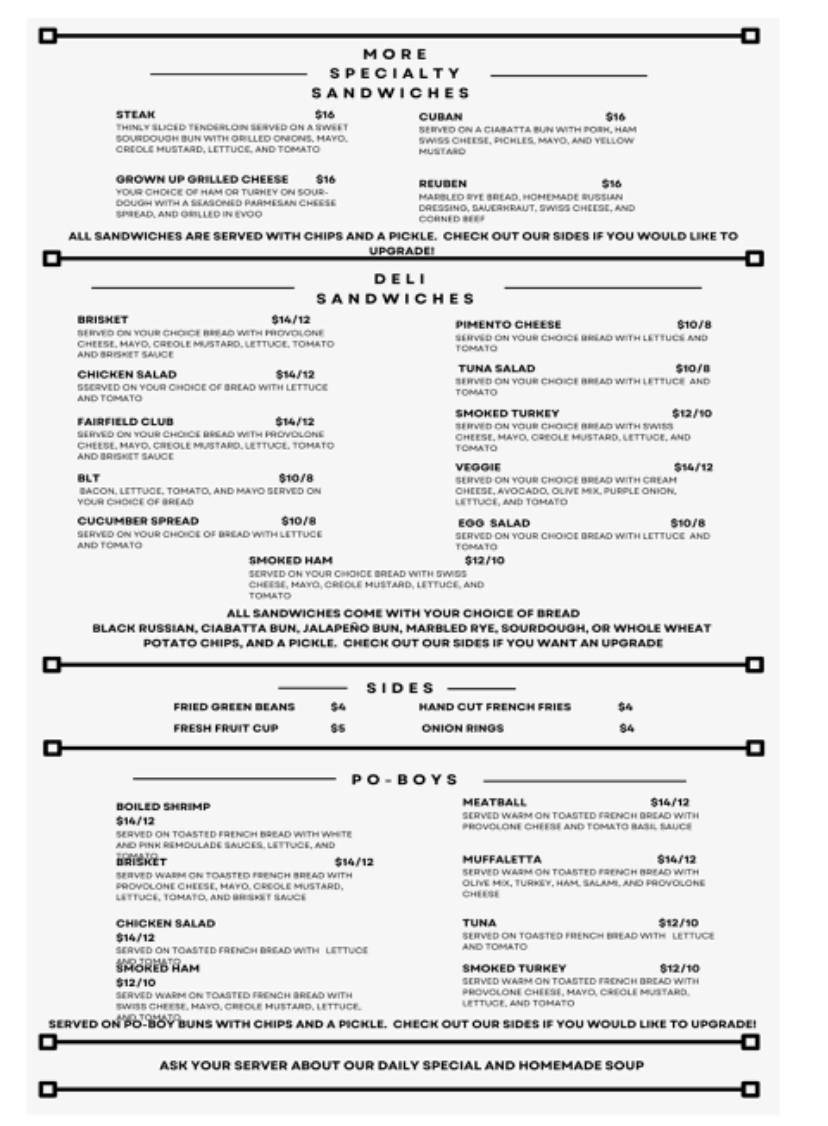 Menu at Fairfield Market & Cafe, Shreveport
