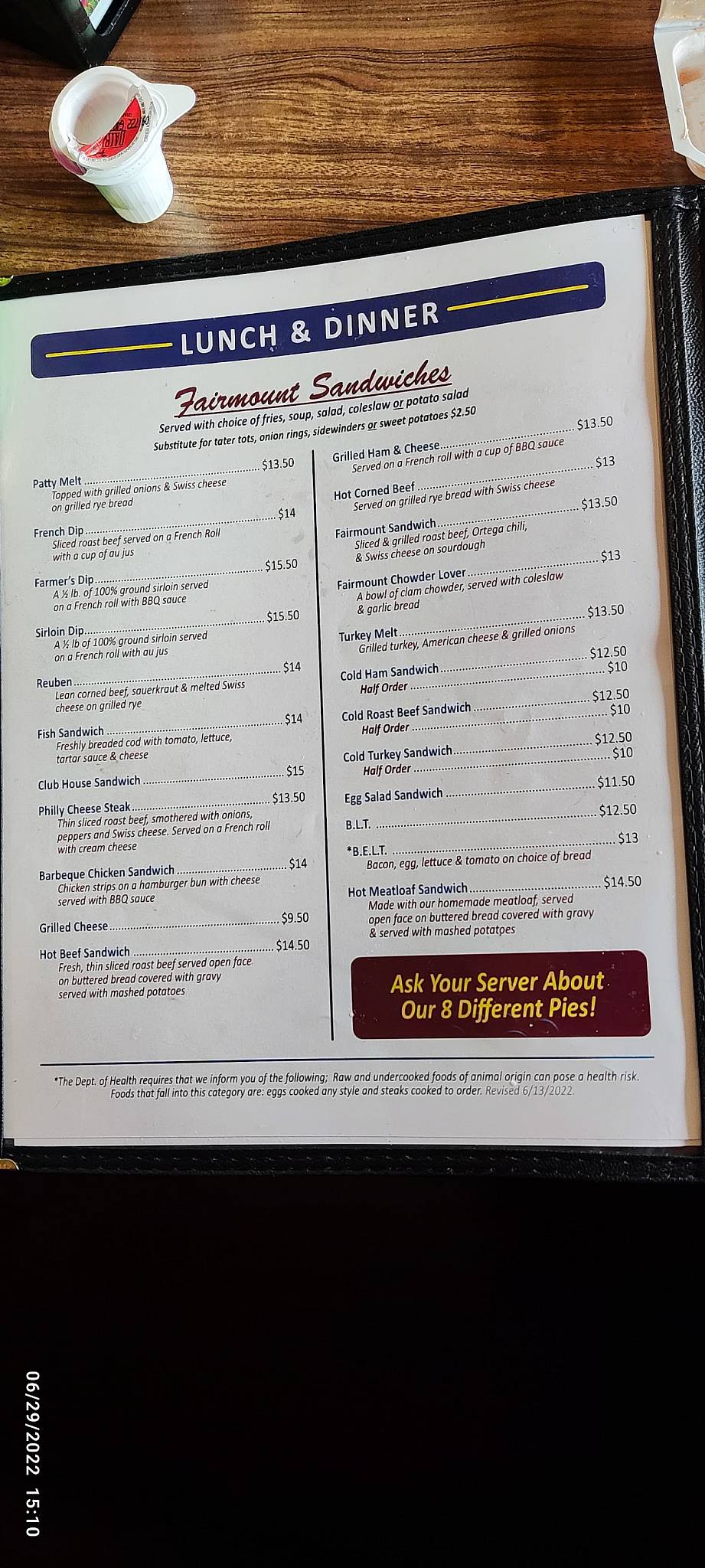 Menu at Fairmount Diner restaurant, Port Angeles