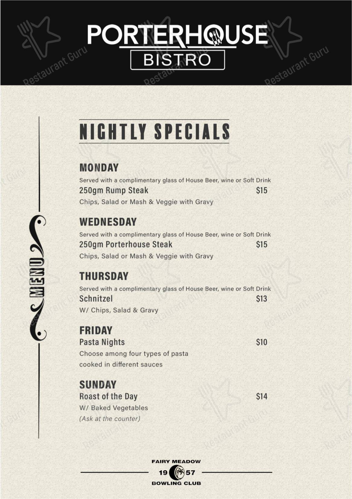 Menu at Fairy Meadow Bowling Club, Fairy Meadow