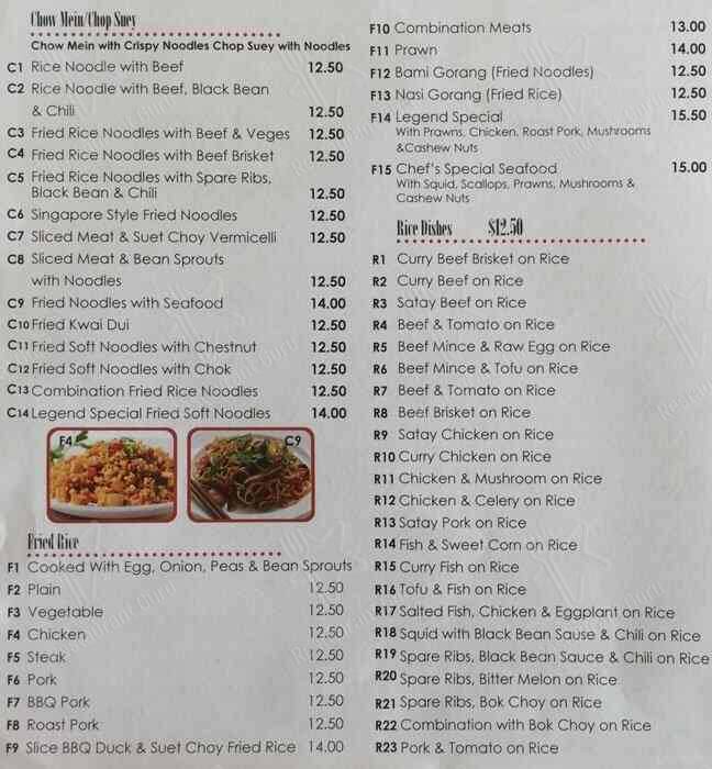 Menu at Legend Noodle House fast food, Auckland