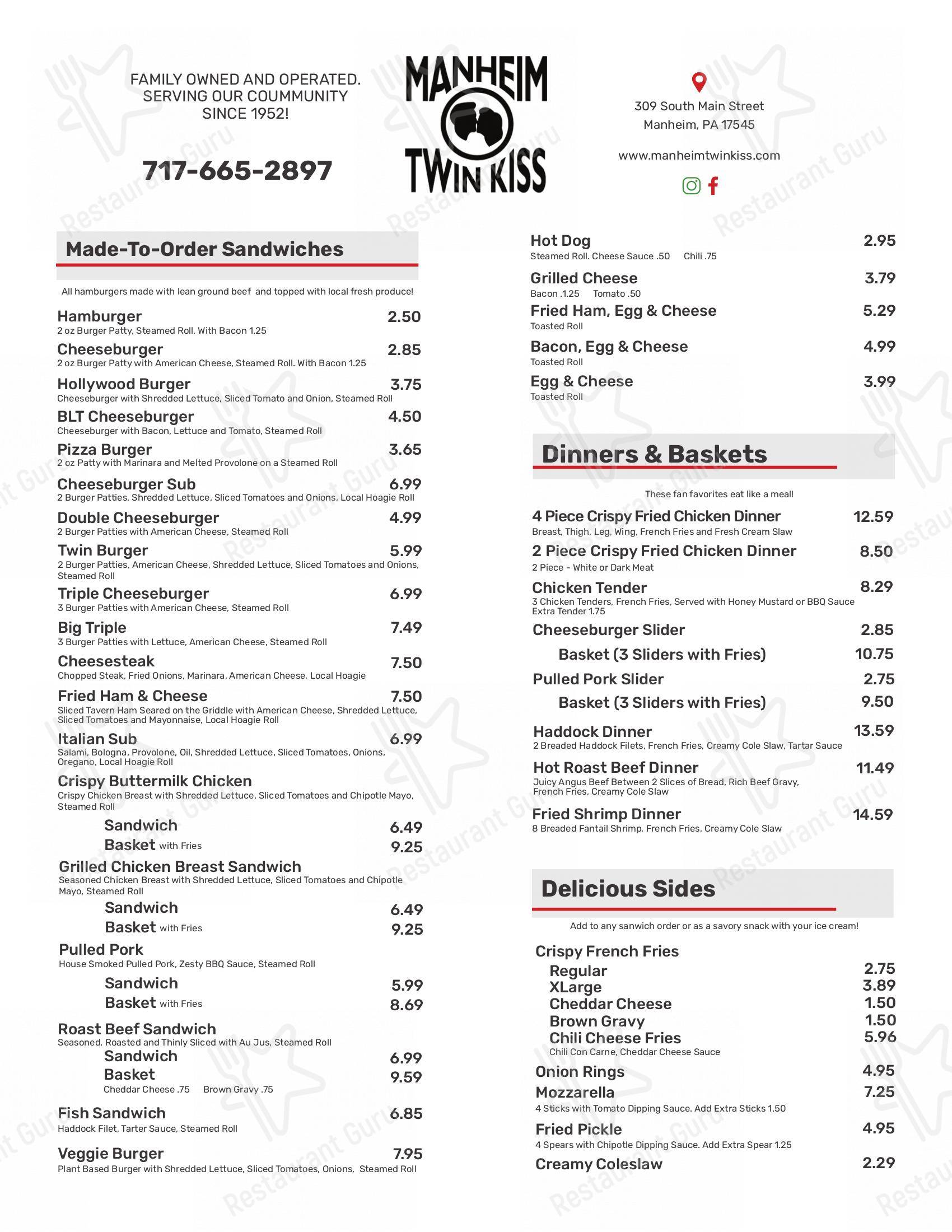 Menu at Manheim Twin Kiss restaurant, Manheim