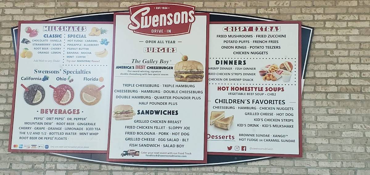 Menu at Swensons Drive-In fast food, North Olmsted