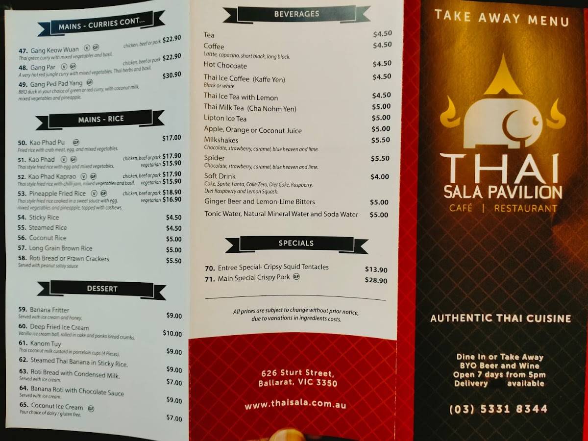 Menu at Thai Sala Pavilion fast food, Ballarat Central