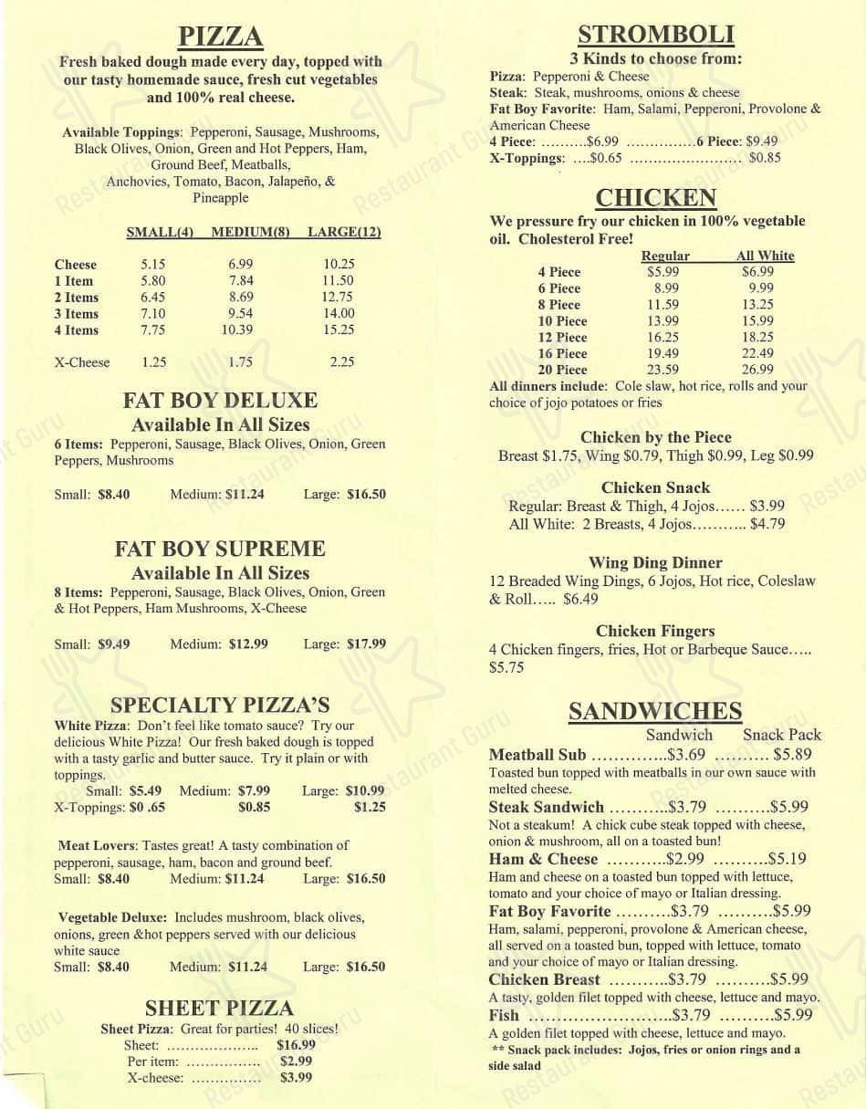 Menu at Fat Boy's Pizza pizzeria, Norton