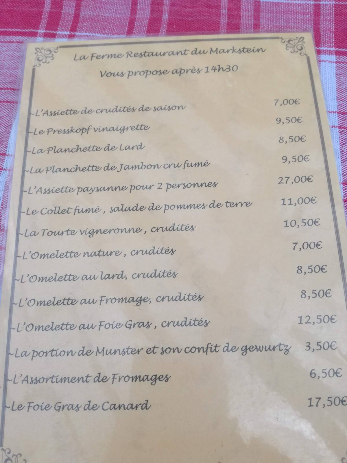 Menu at Ferme auberge du Markstein restaurant, Geishouse