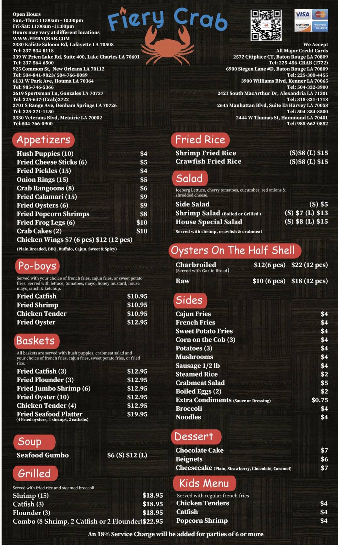 Carta de Fiery Crab Seafood Restaurant And Bar - Siegen Lane, Baton ...