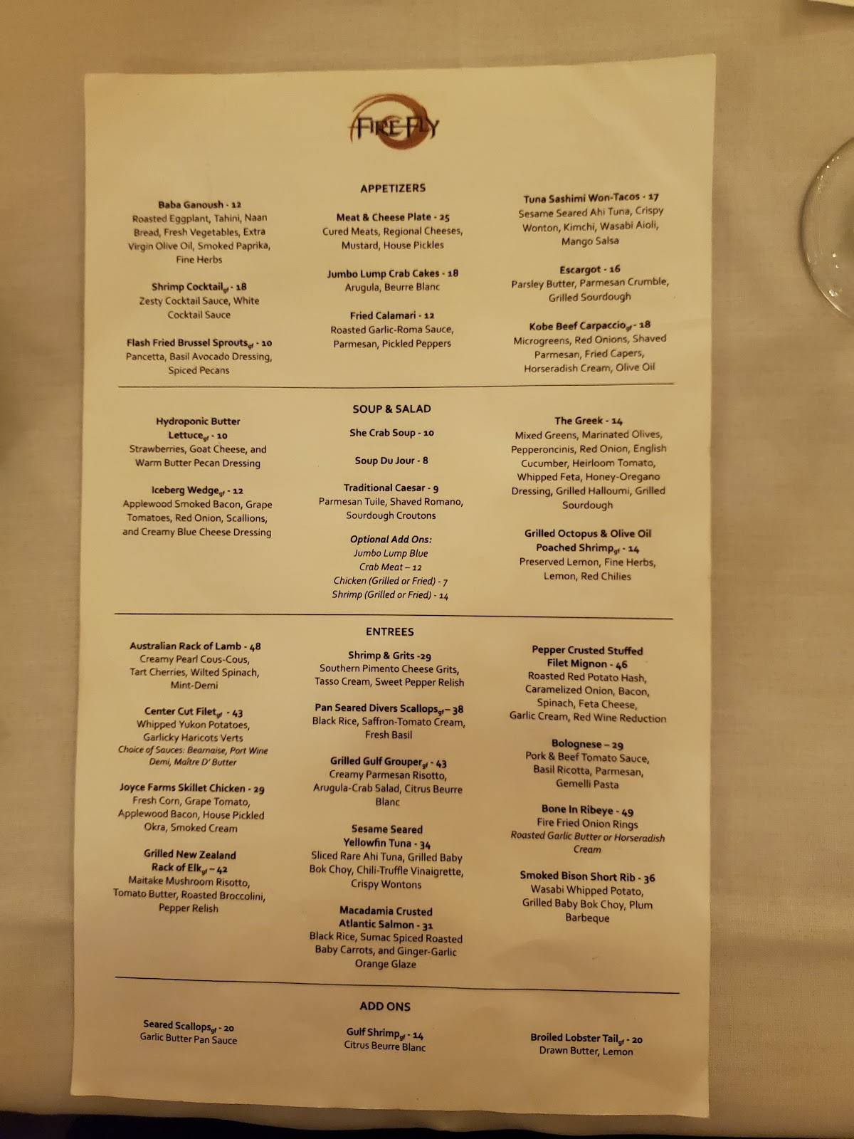 Menu at Firefly restaurant, Panama City Beach