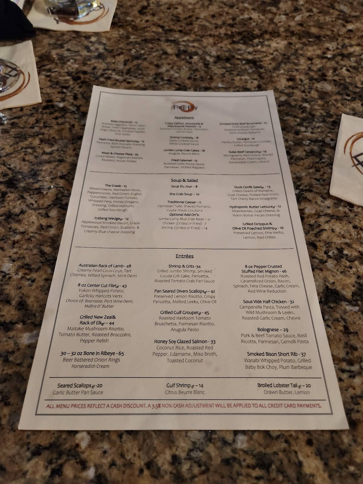 Menu at Firefly restaurant, Panama City Beach