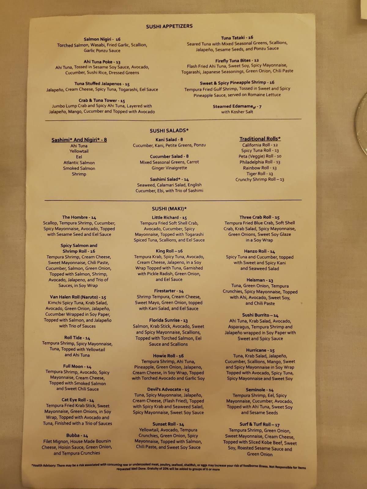 Menu at Firefly restaurant, Panama City Beach
