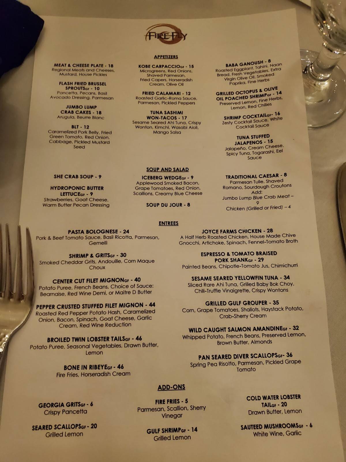 Menu at Firefly restaurant, Panama City Beach