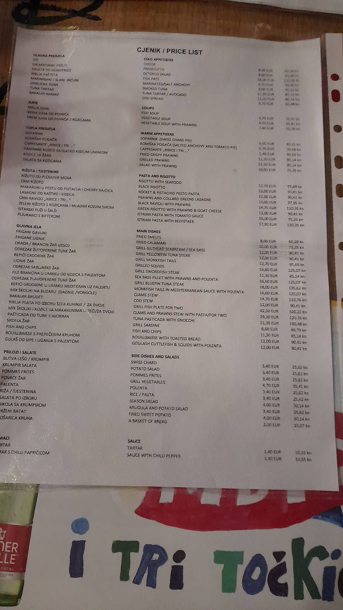 Menu at Fish _Restoran "Ribice i tri točkice" restaurant, Zagreb