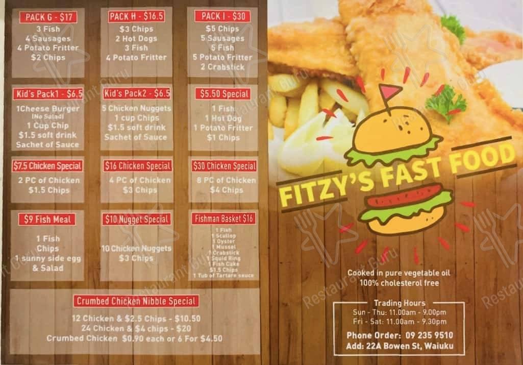 Menu at Fitzy's Fast Food, Auckland