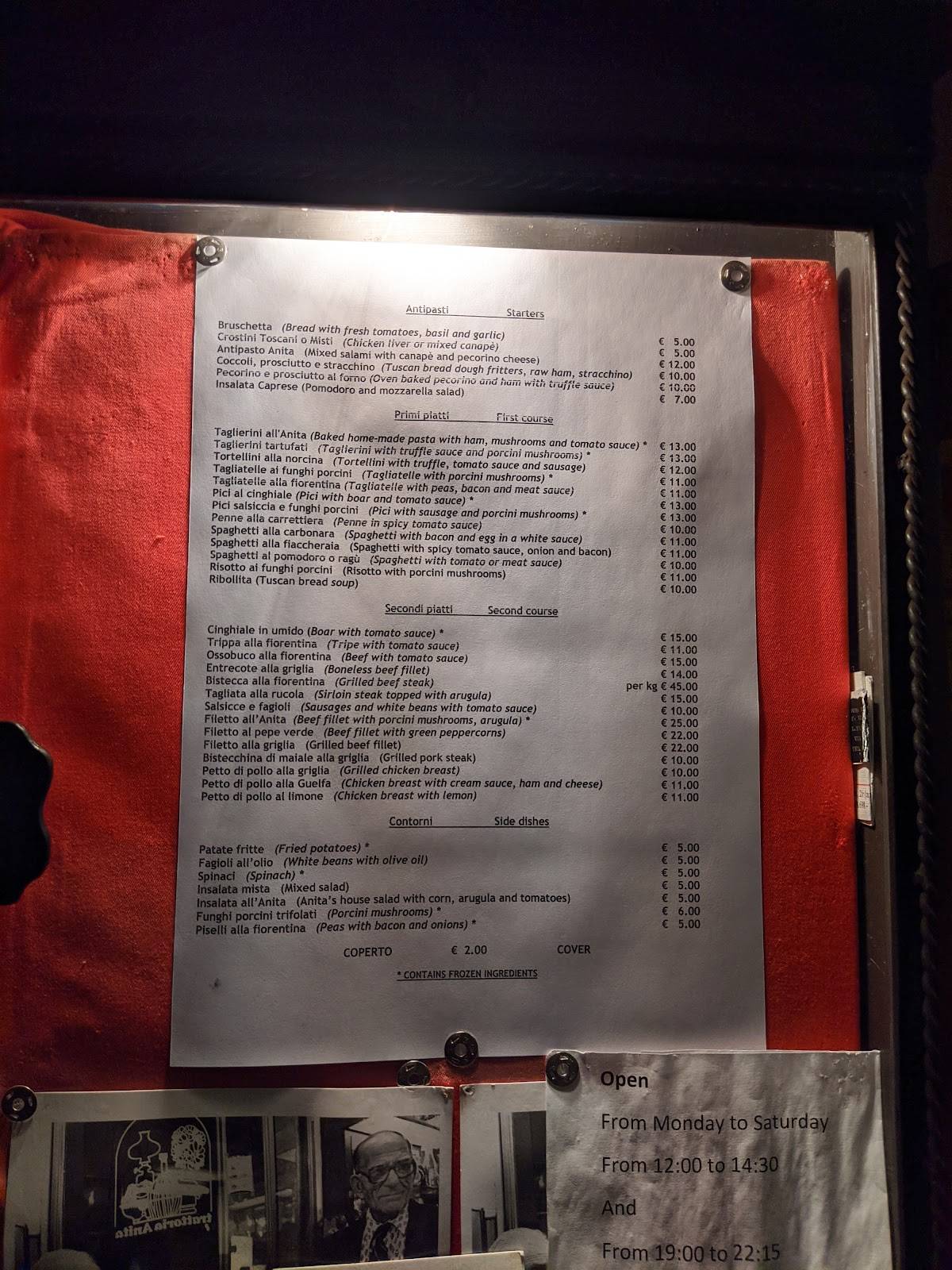 Menu at Trattoria Anita restaurant, Florence