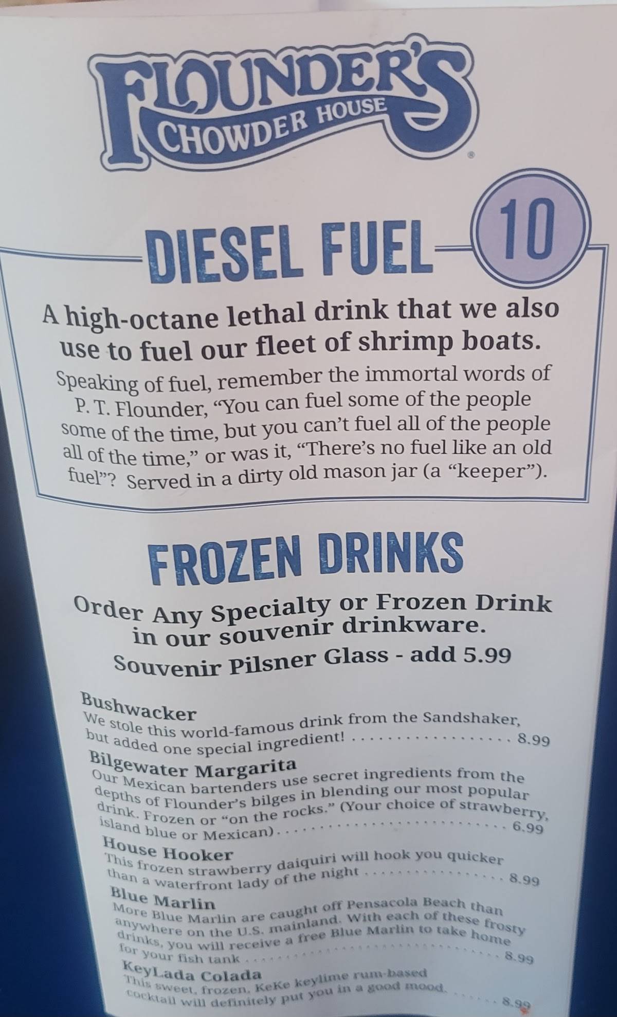 Menu at Flounder's Chowder House pub & bar, Pensacola Beach
