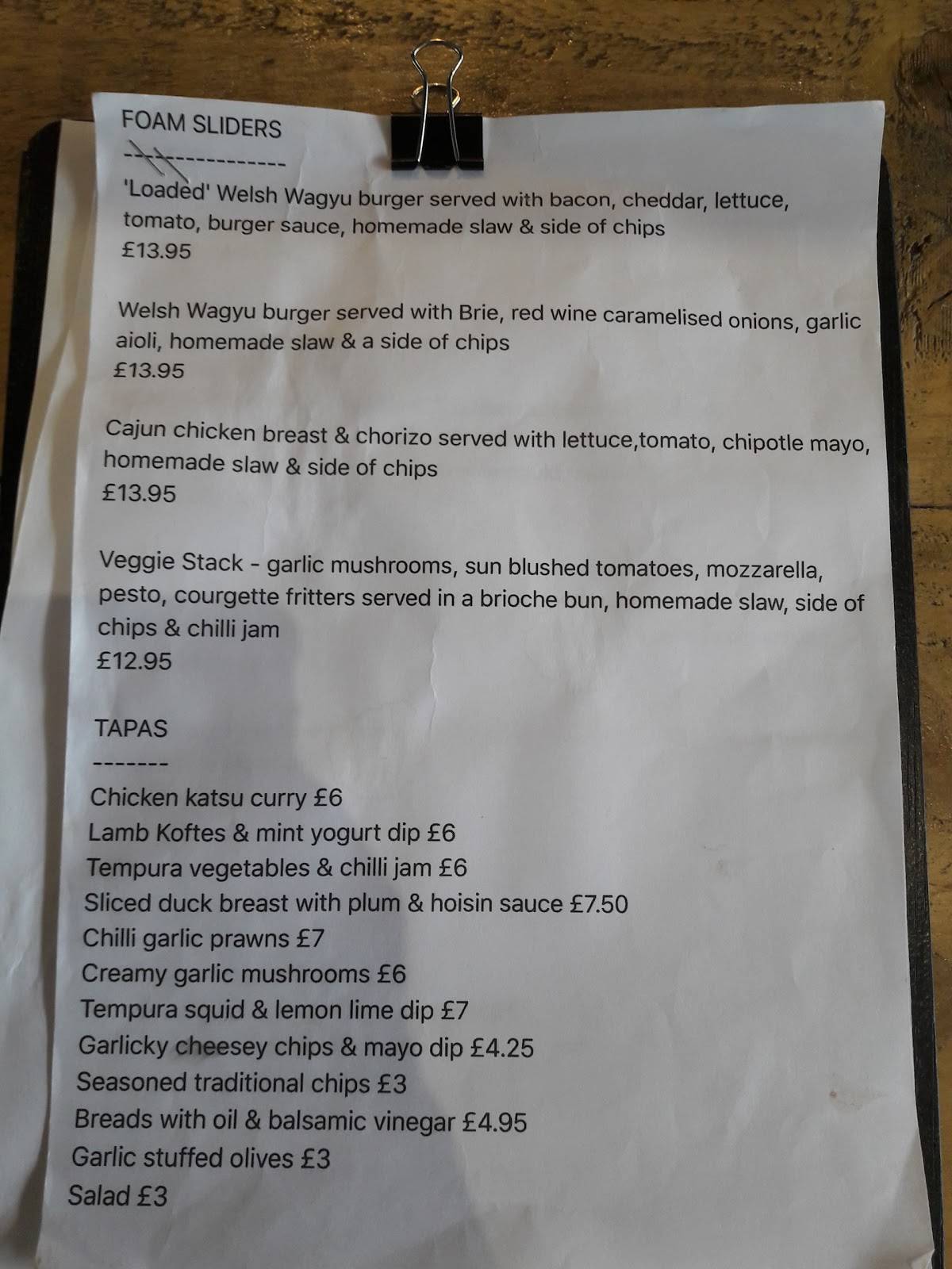 Menu at Foam restaurant, Milford Haven