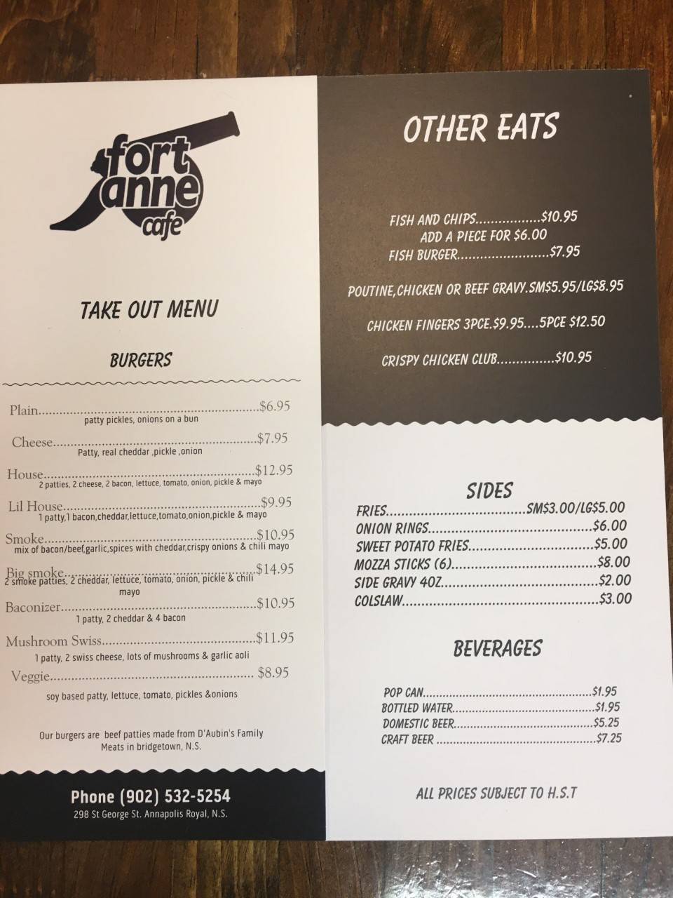 Menu at Fort Anne Cafe, Annapolis Royal
