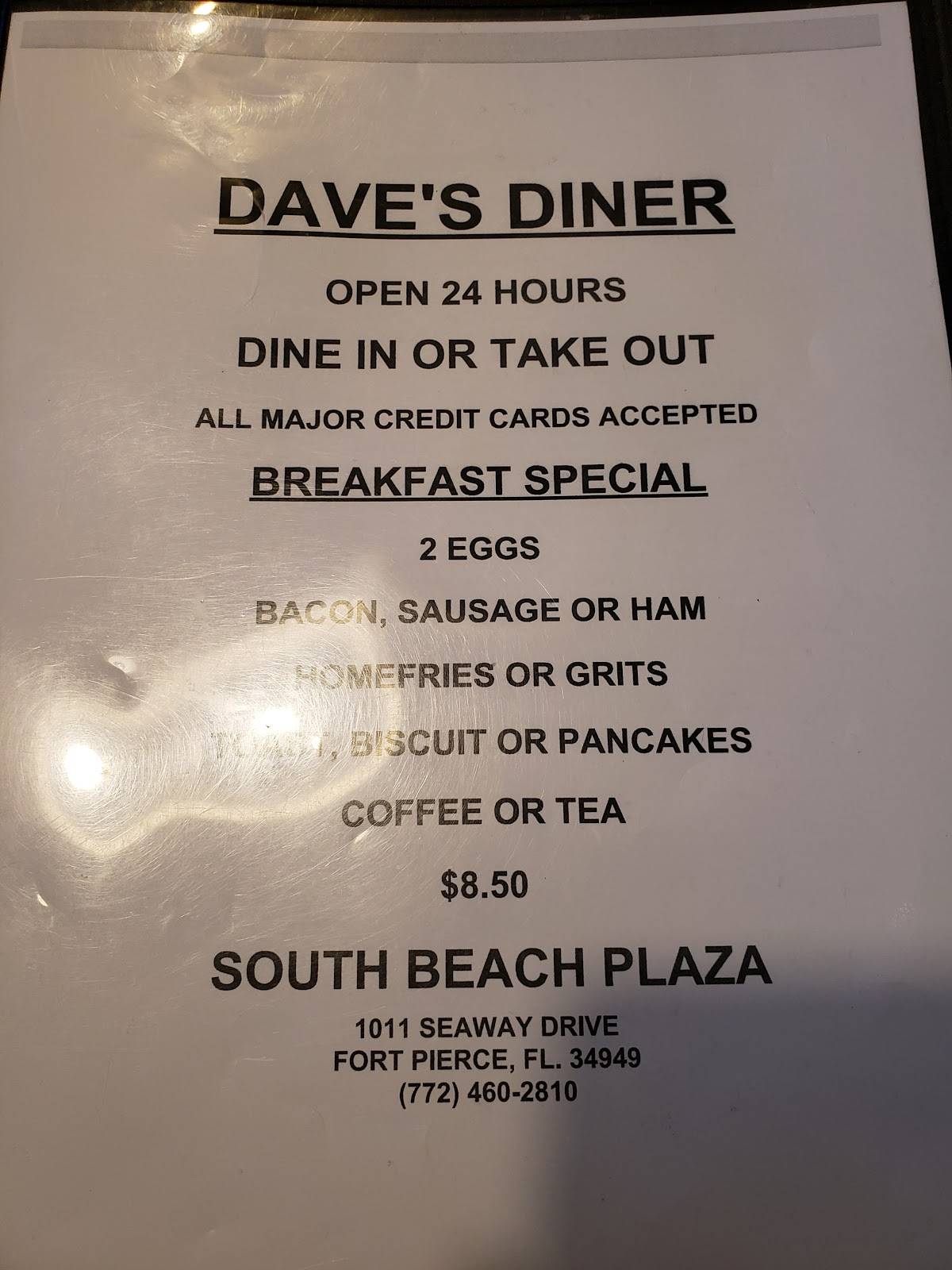 Menu at Dave's Diner restaurant, Fort Pierce