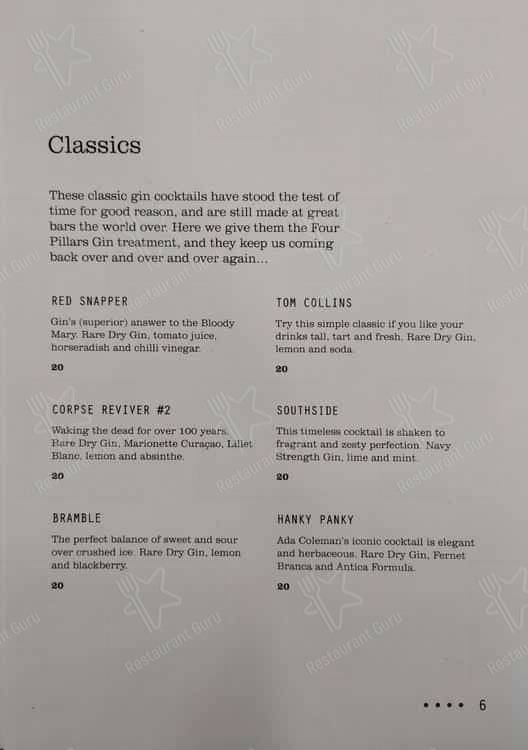 Menu at Four Pillars Gin Distillery pub & bar, Healesville