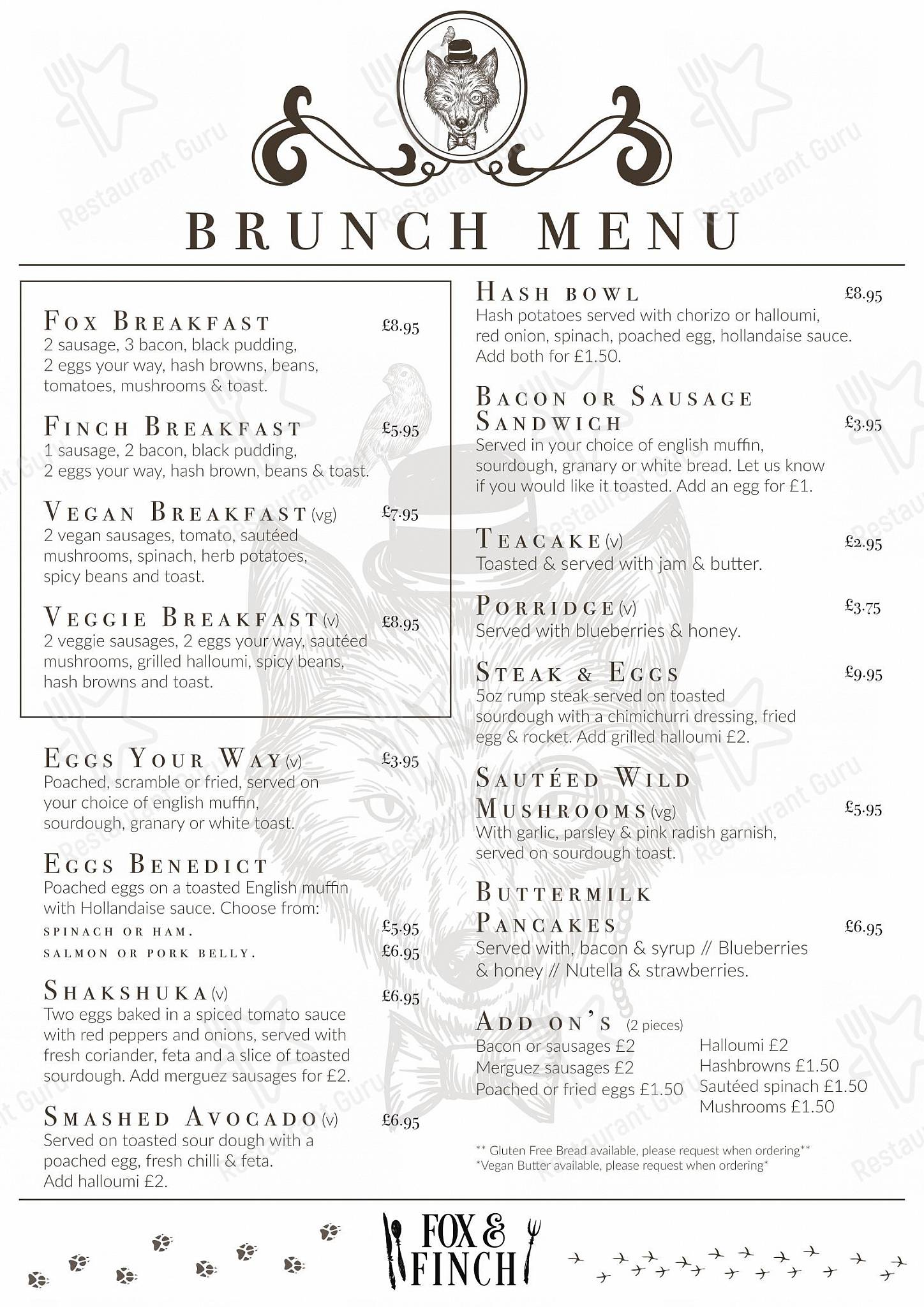 Menu at Fox & Finch pub & bar, Whitley Bay