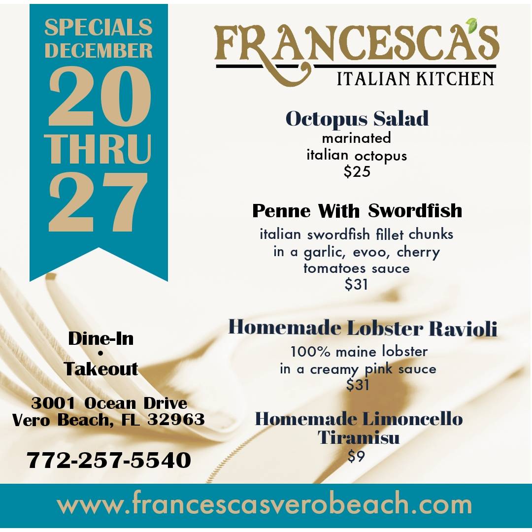 Menu at Francesca's Italian Kitchen pizzeria, Vero Beach