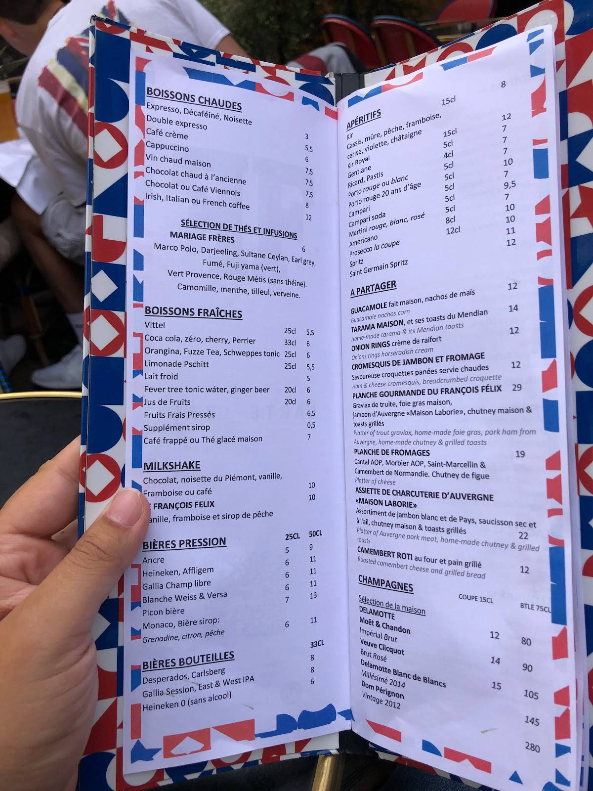 Menu at François Félix restaurant, Paris