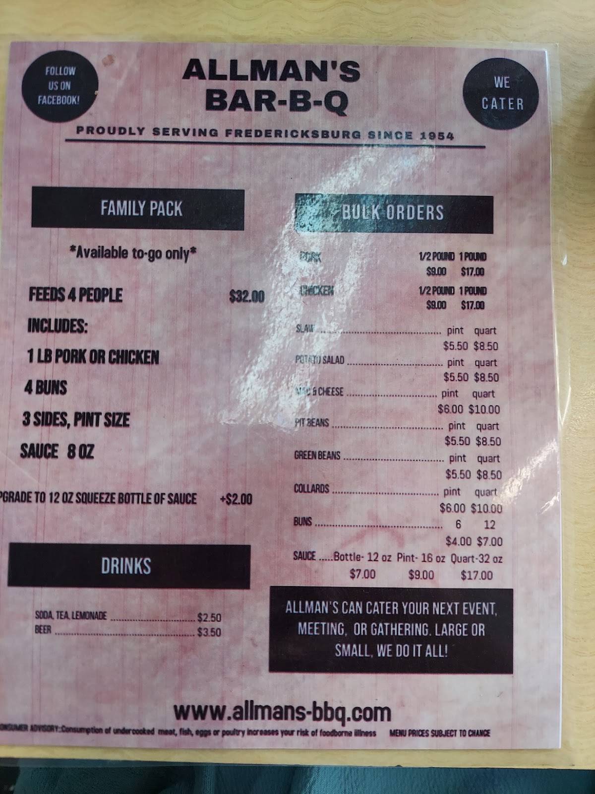 Menu at Allman's Bar-B-Que, Fredericksburg, Emancipation Hwy