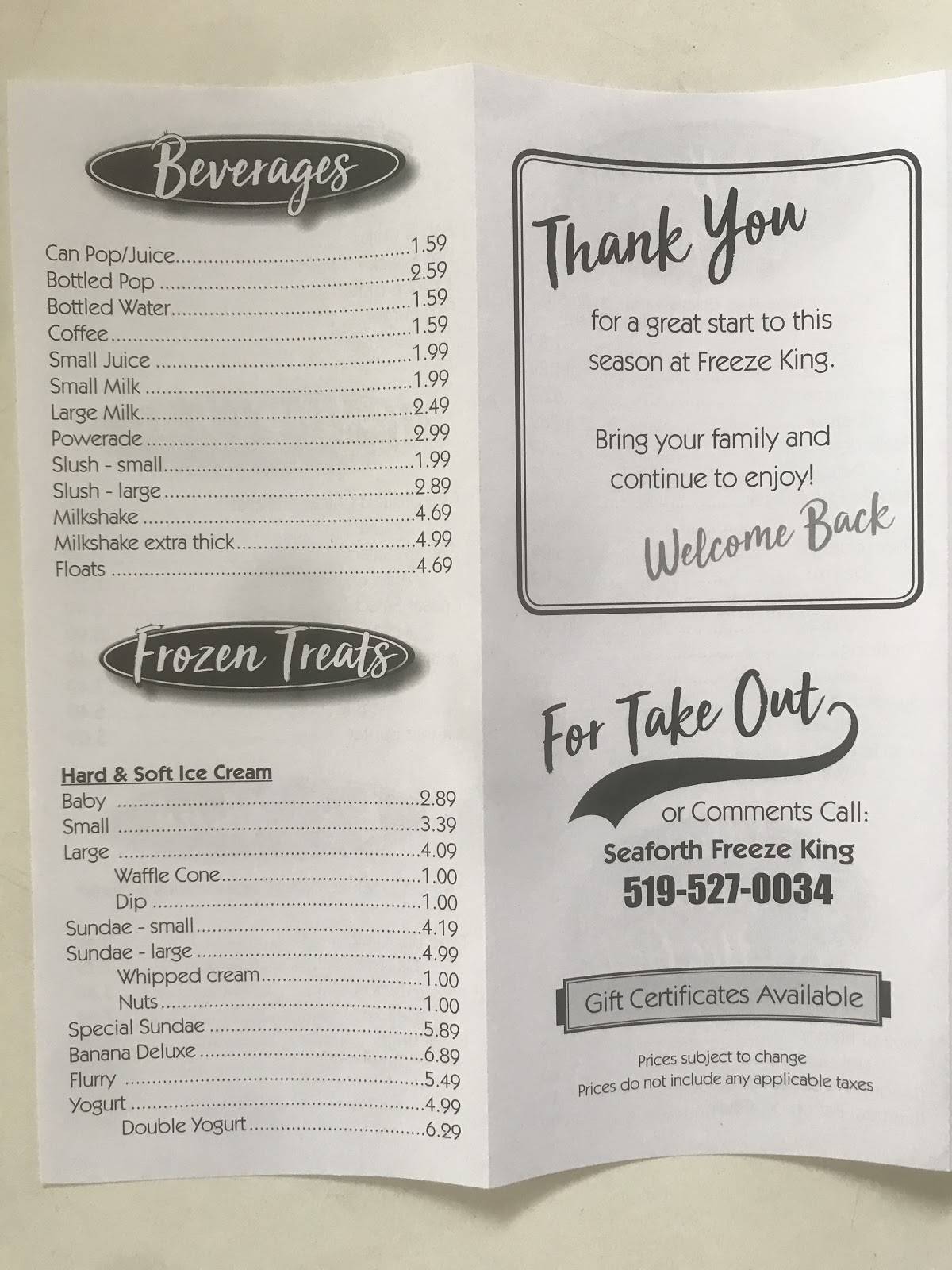 Menu at Freeze King restaurant, Huron East, Huron Rd