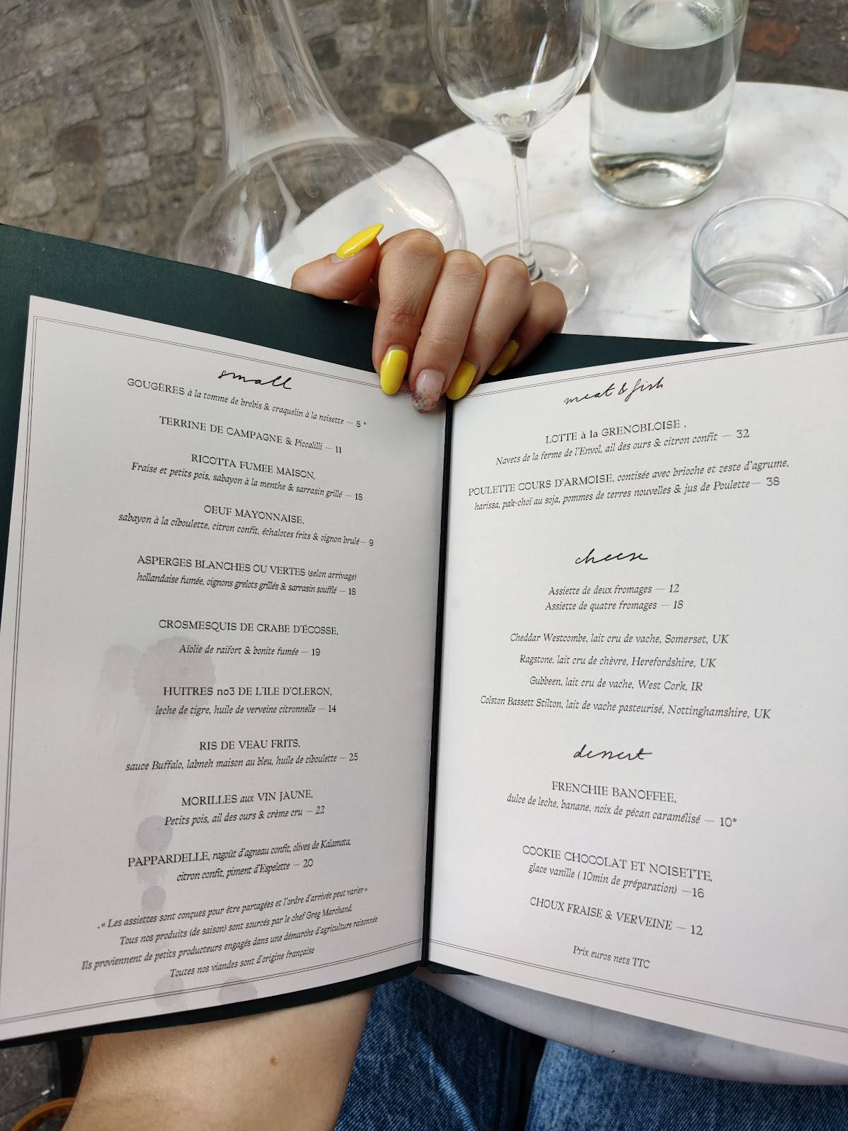 Menu at Frenchie restaurant, Paris, 5 Rue du Nil