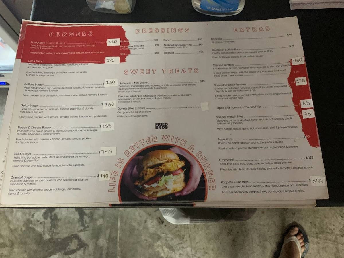 Menu at Fried Bros restaurant, San Miguel de Cozumel