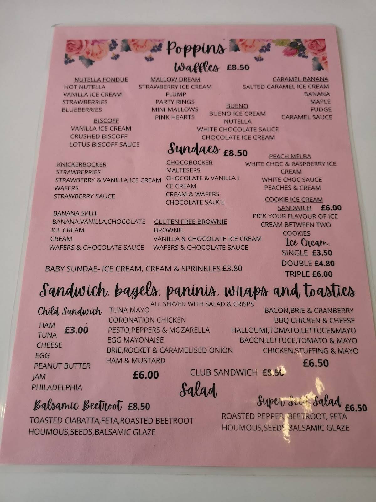 Menu at Poppins cafe, Frinton-on-Sea