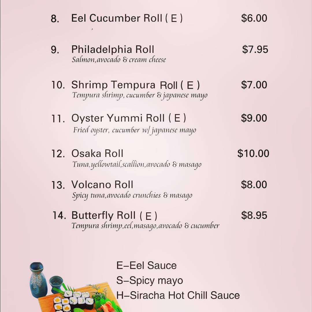 Menu at Fujiyama Japanese Cuisine restaurant, Mount Vernon
