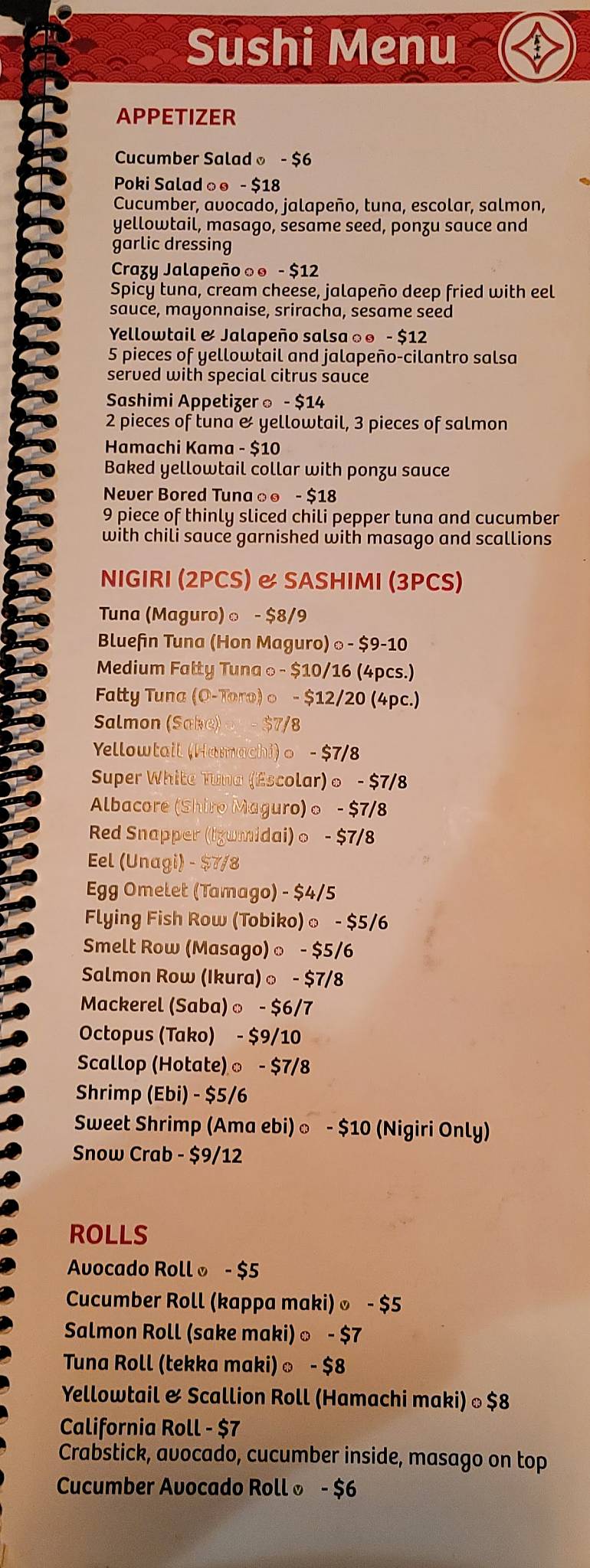 Menu at Fujiyama steakhouse, Liberty Lake