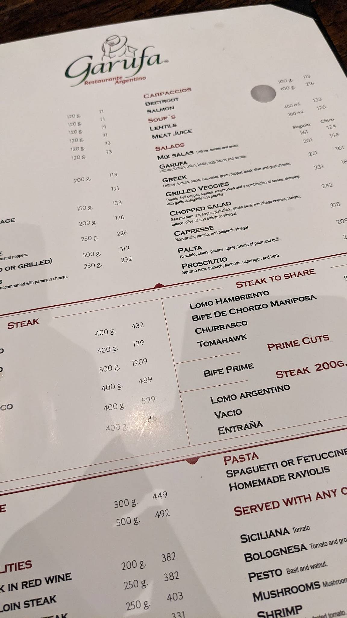 Carta de Garufa Restaurante Argentino - Cd. Juárez, Ciudad Juarez