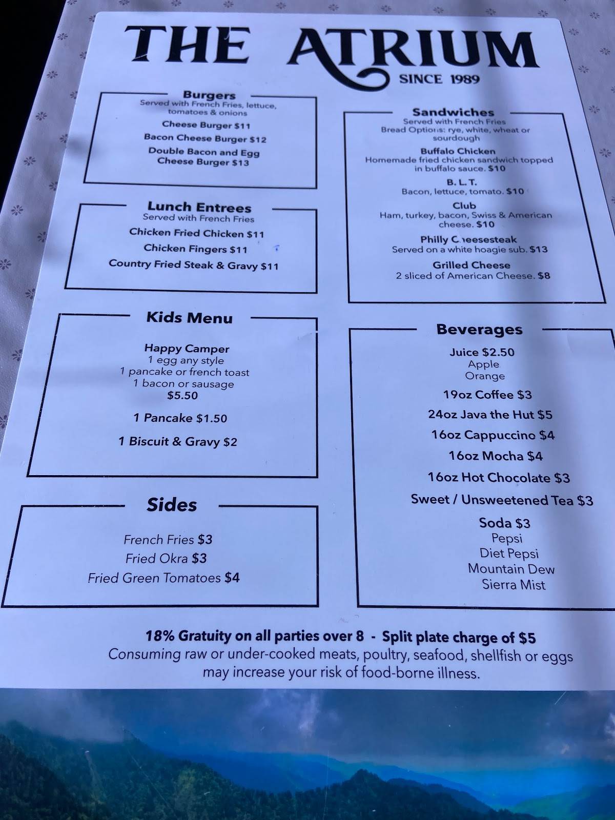Menu at Atrium Restaurant, Gatlinburg