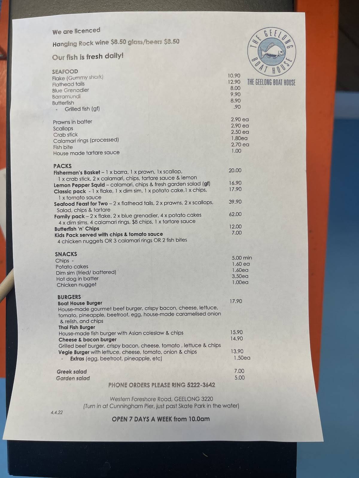 Menu at The Geelong Boat House restaurant, Geelong