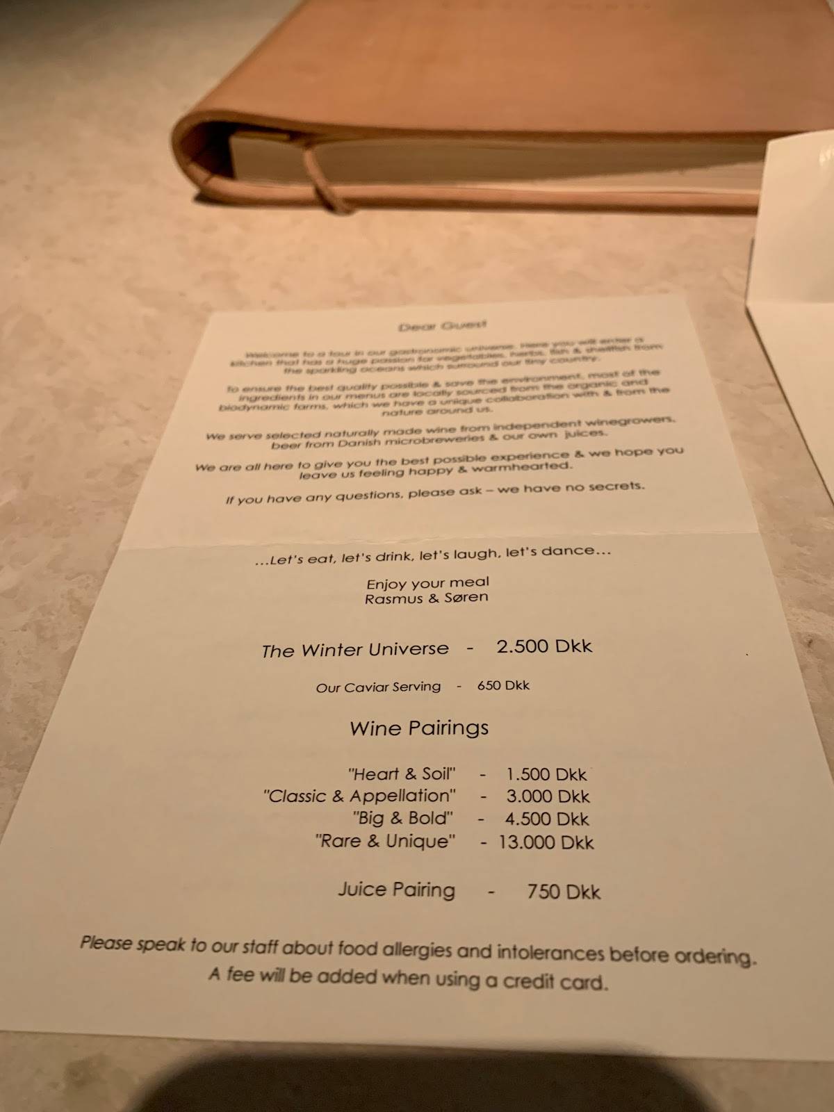 Menu at Geranium restaurant, Copenhagen