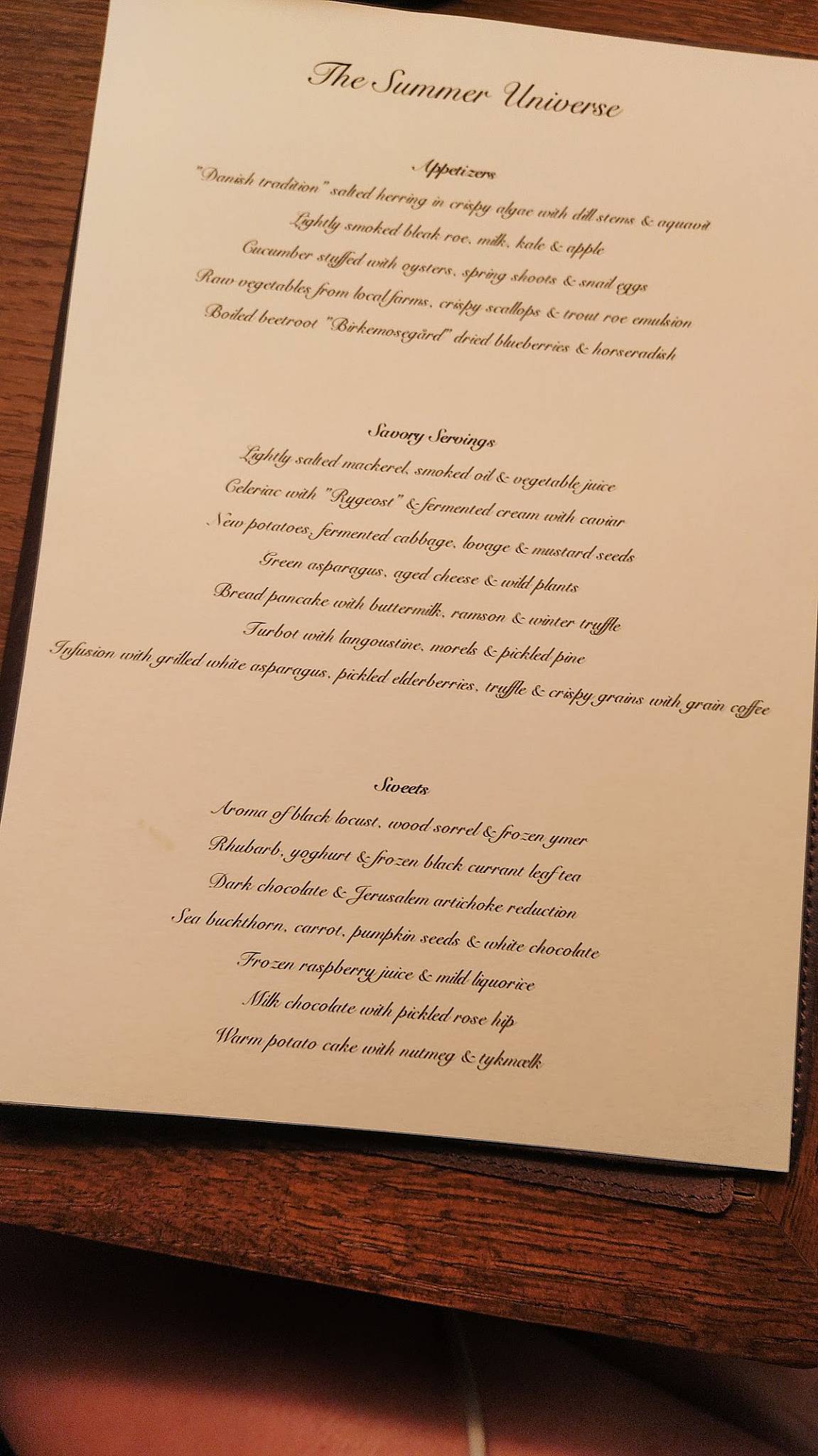Menu at Geranium restaurant, Copenhagen