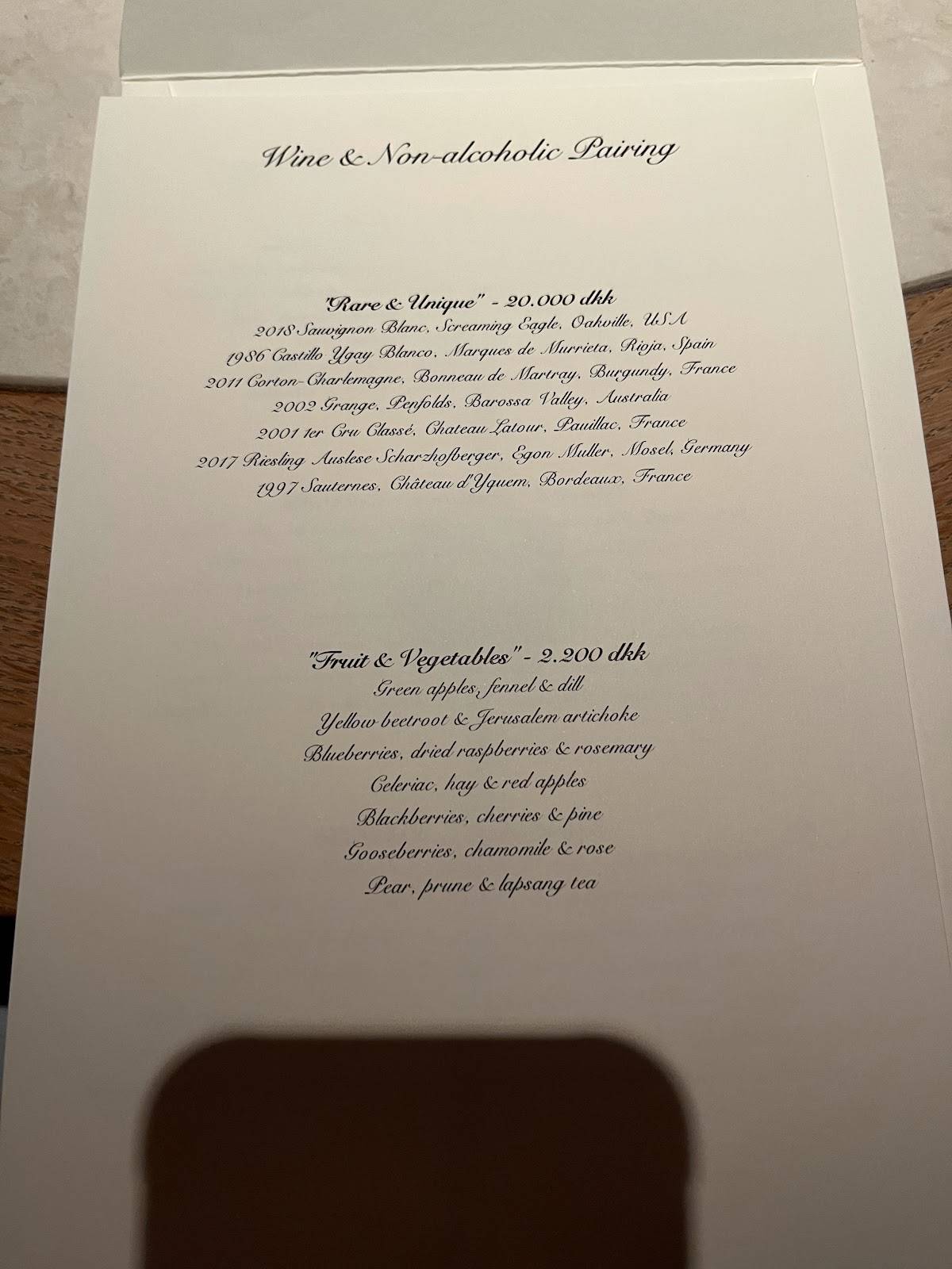 Menu at Geranium restaurant, Copenhagen