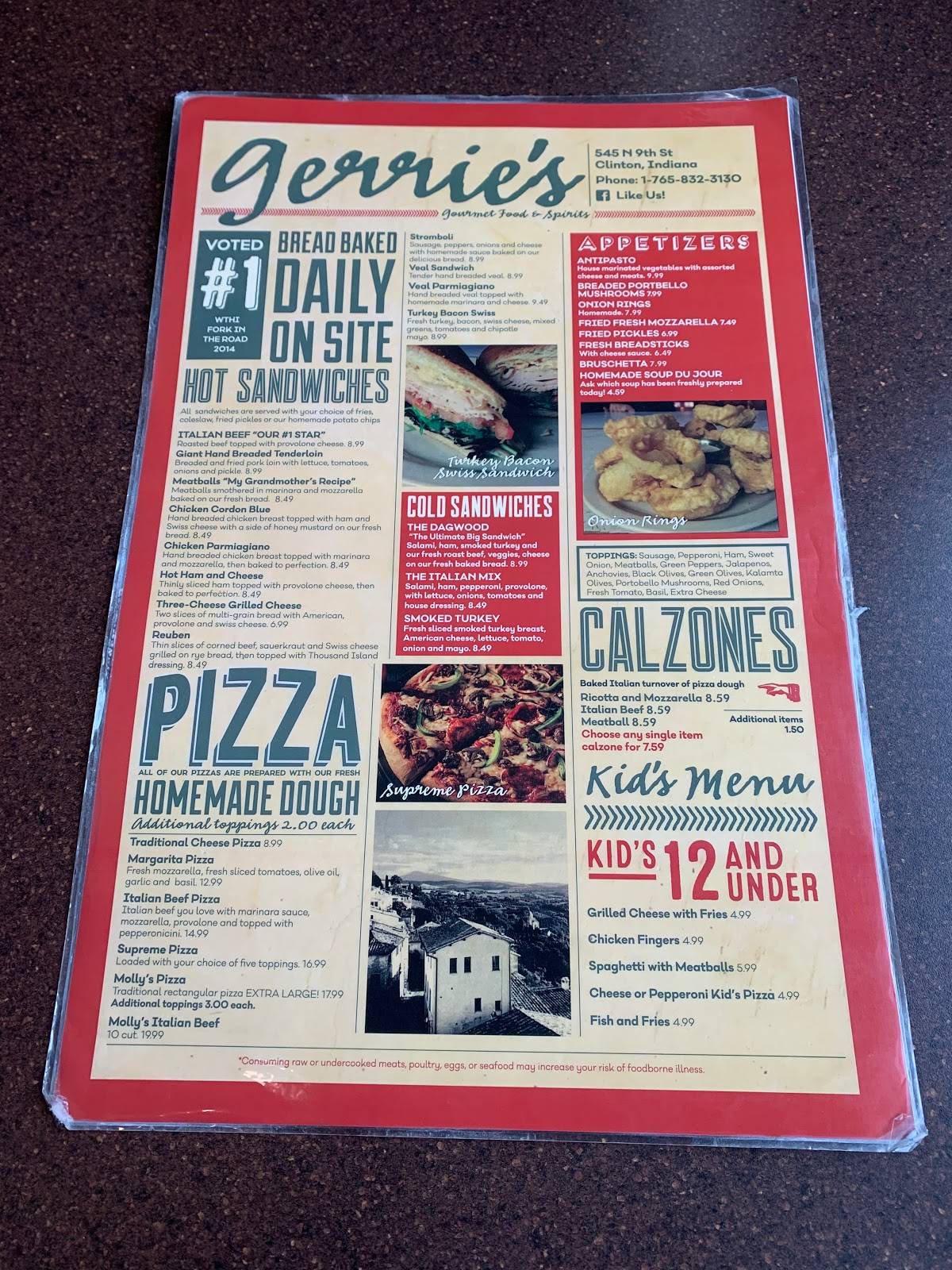 Menu at Gerrie's restaurant, Clinton