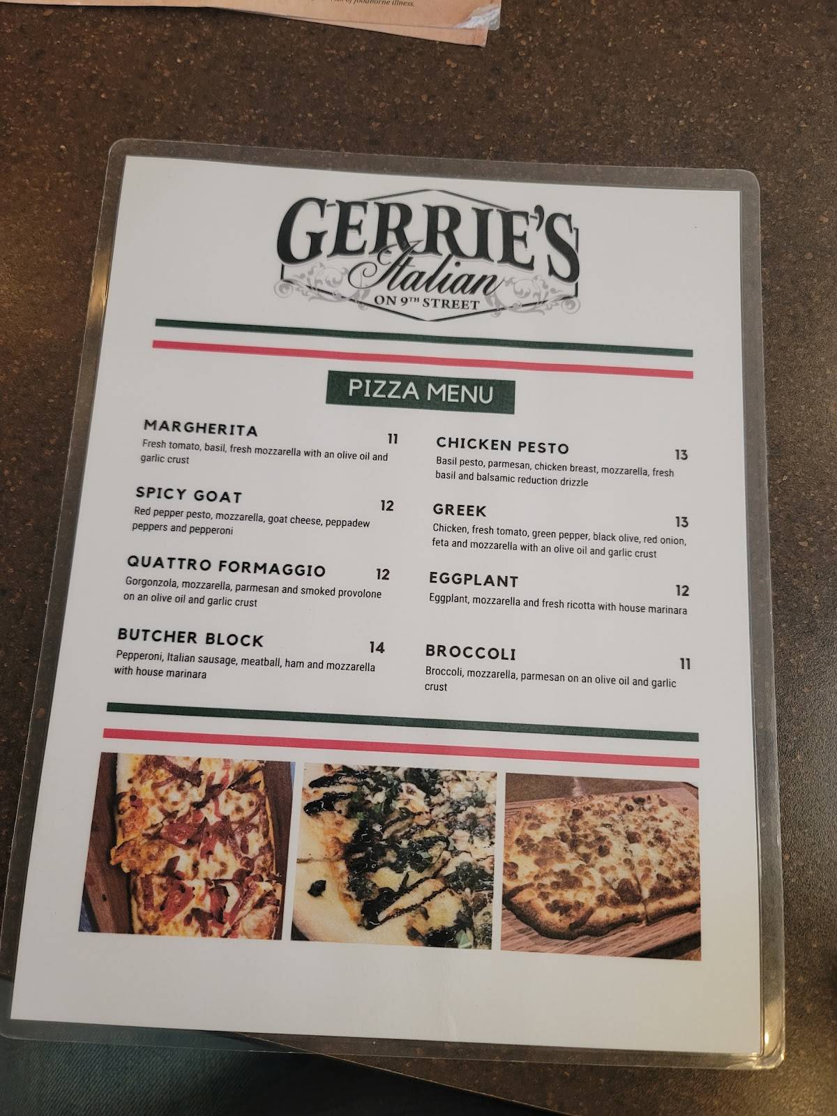 Menu at Gerrie's restaurant, Clinton