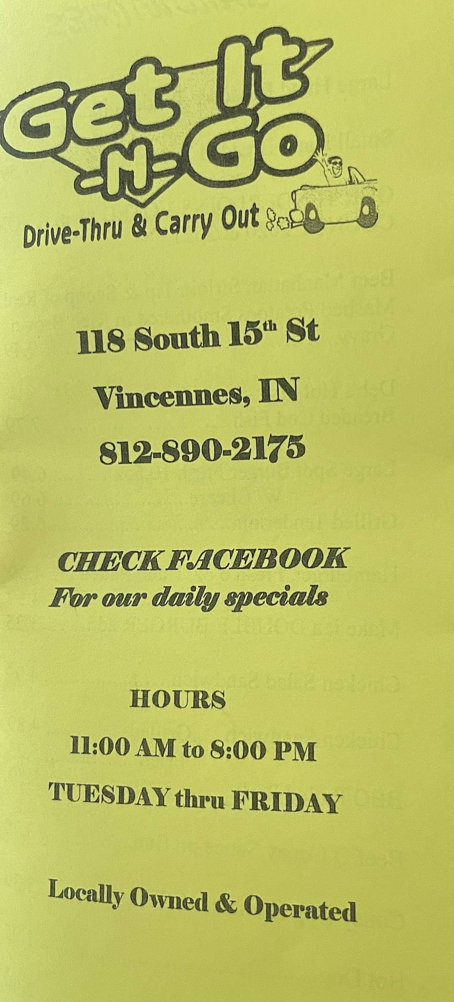 Menu at Get It-N-Go restaurant, Vincennes