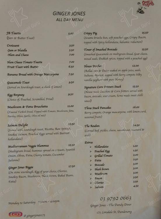 Menu at Ginger Jones cafe, Dandenong