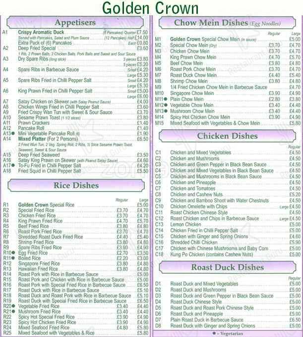 Menu at Golden Crown fast food, London, 348 Queensbridge Rd